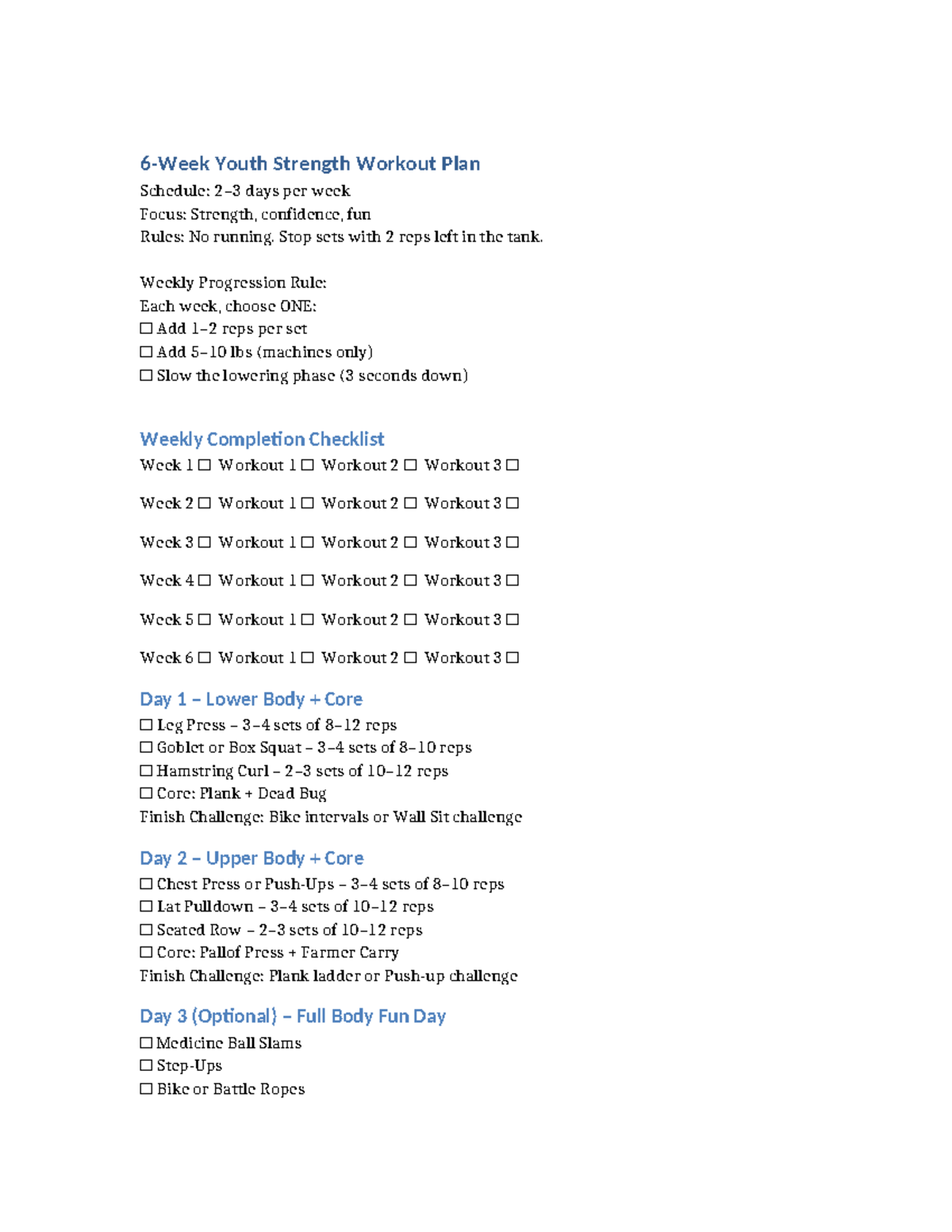 6-Week Youth Strength Workout Plan: Progression & Checklist - Studocu