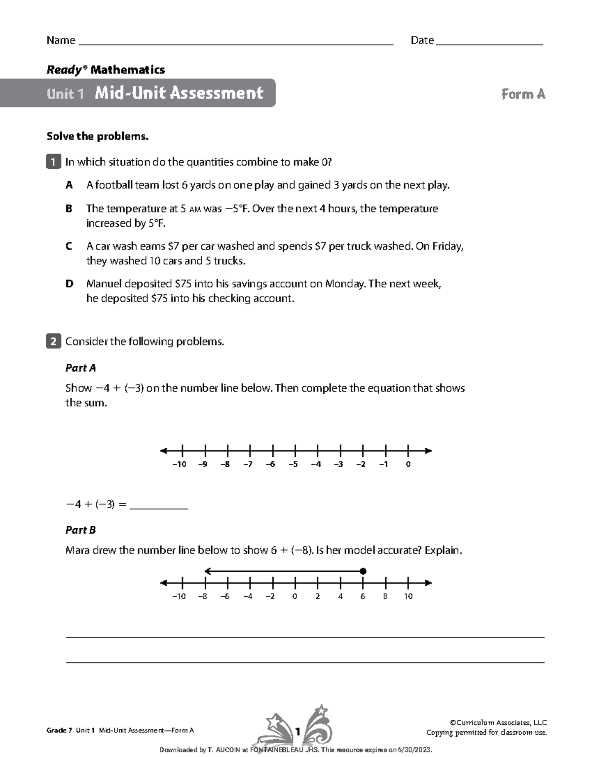 Grade 7 Math Unit 1 Mid-Unit Assessment - Form A Answers - Studocu