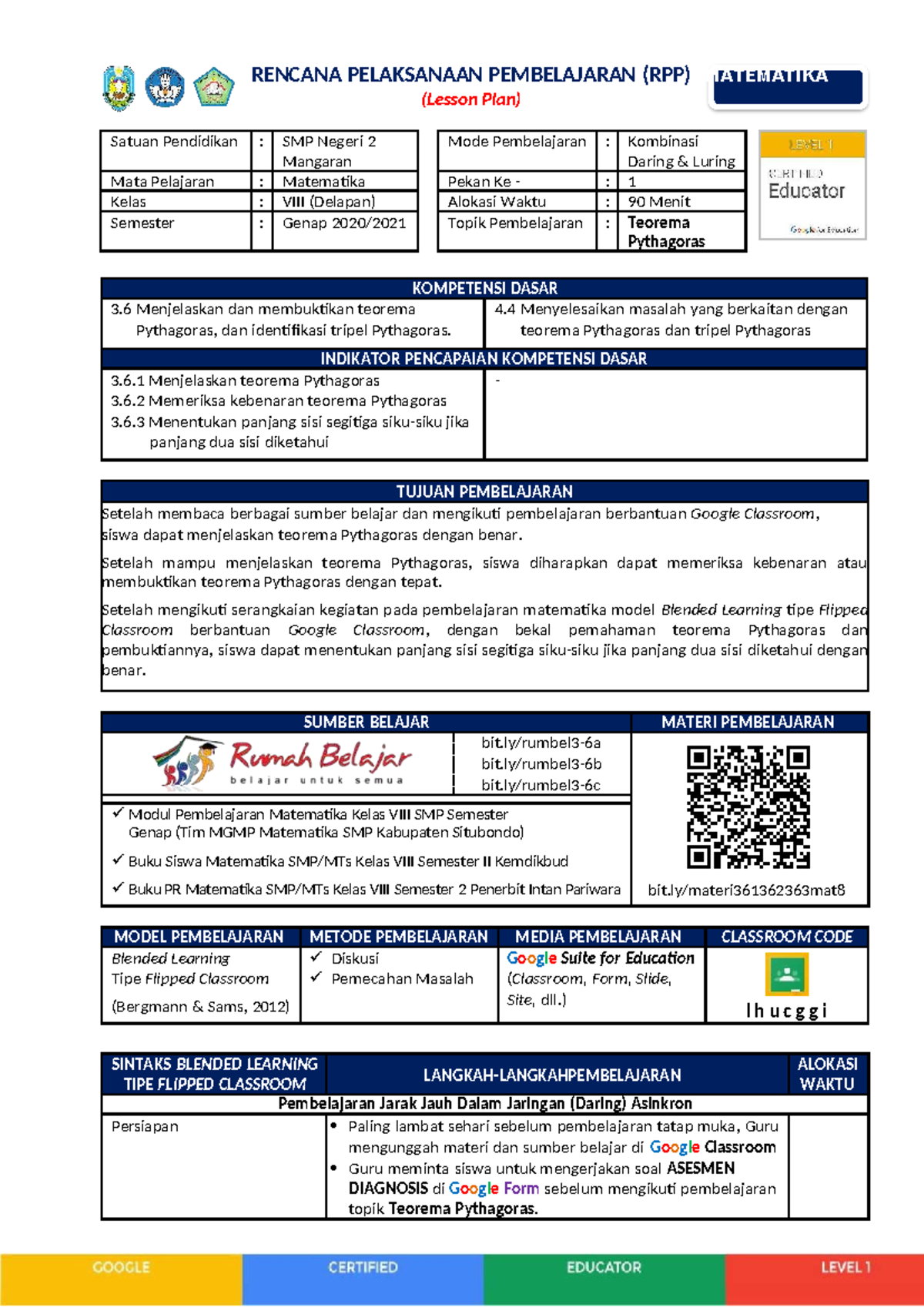 RPP Matematika Kelas 8 SMP: Teorema Pythagoras dan Pembelajaran Blended ...