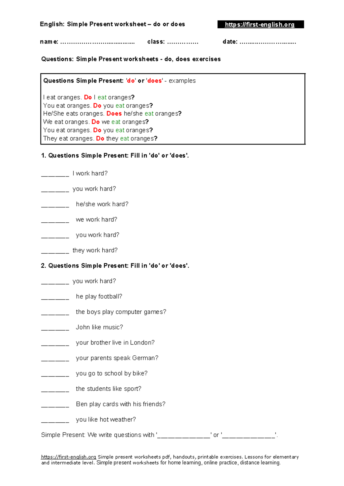 Simple Present Worksheet: 40 Questions on 'Do' and 'Does' - Studocu
