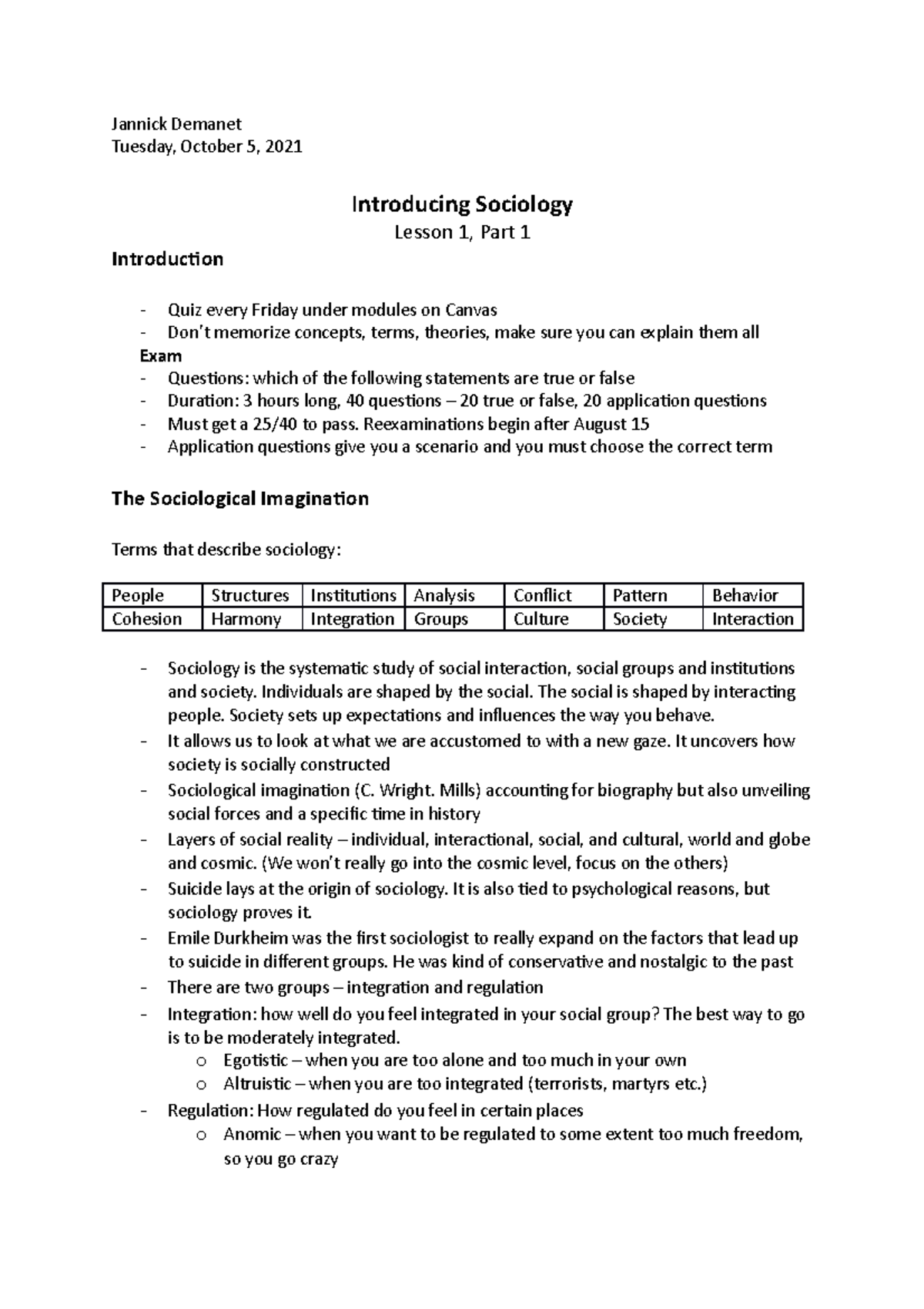 Sociology 101 - Lesson I Lecture Notes on Sociological Concepts - Studocu