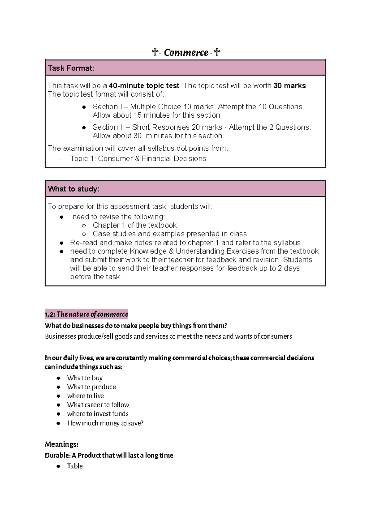 Commerce Task Format: Year 9 Study Notes on Consumer Financial ...