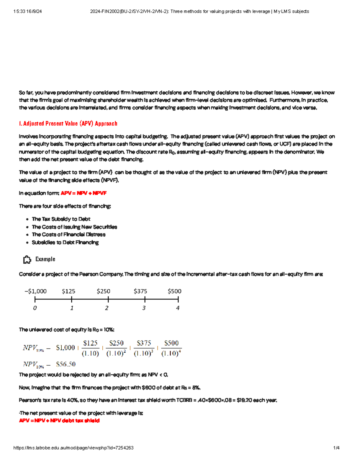 Week 8: Valuing Projects with Leverage - Three Methods Explained - Studocu