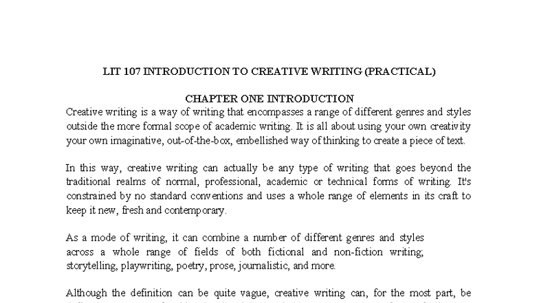 LIT 107 INTRODUCTION TO CREATIVE WRITING CHAPTER ONE: OVERVIEW - Studocu