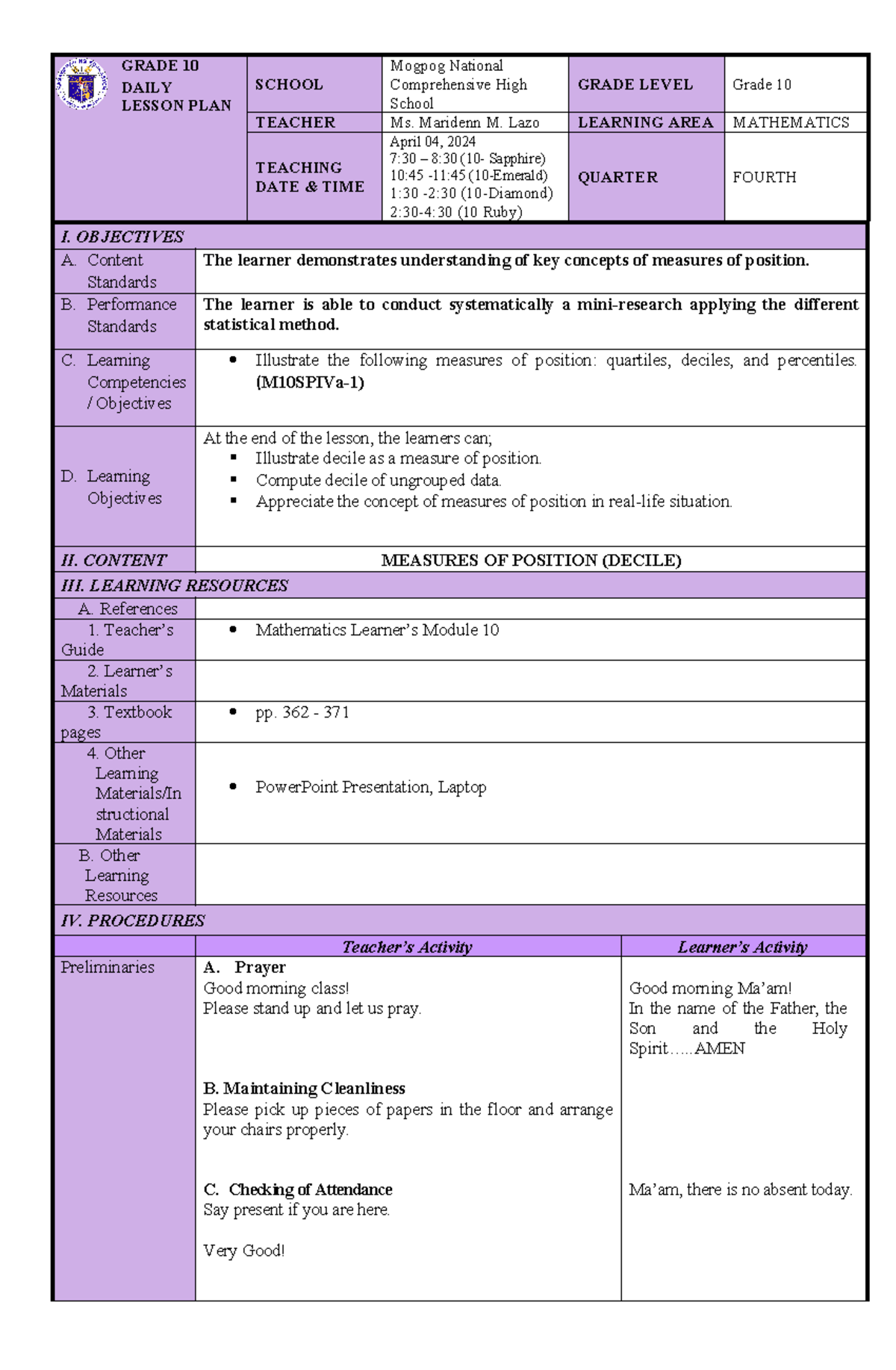 Grade 10 Mathematics Lesson Plan: Measures of Position (Decile) - Studocu