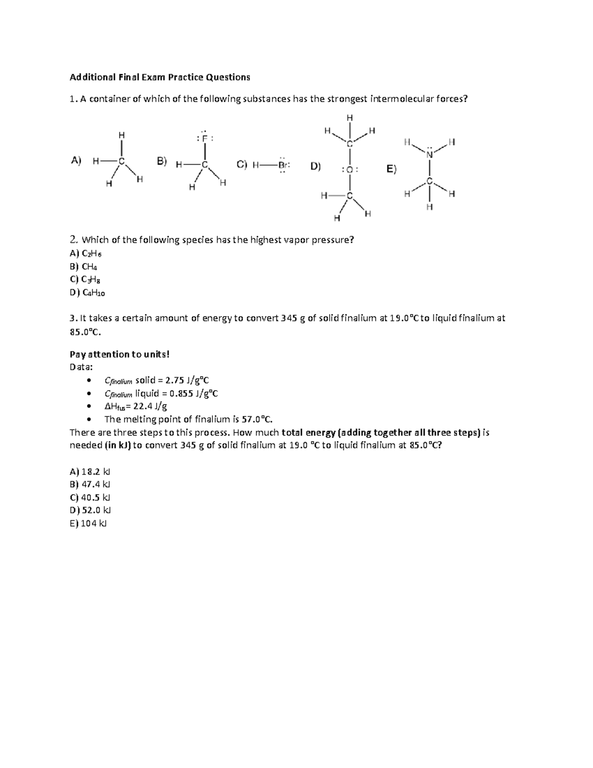 Additional Final Exam Prep Questions for Chemistry 101 - Studocu