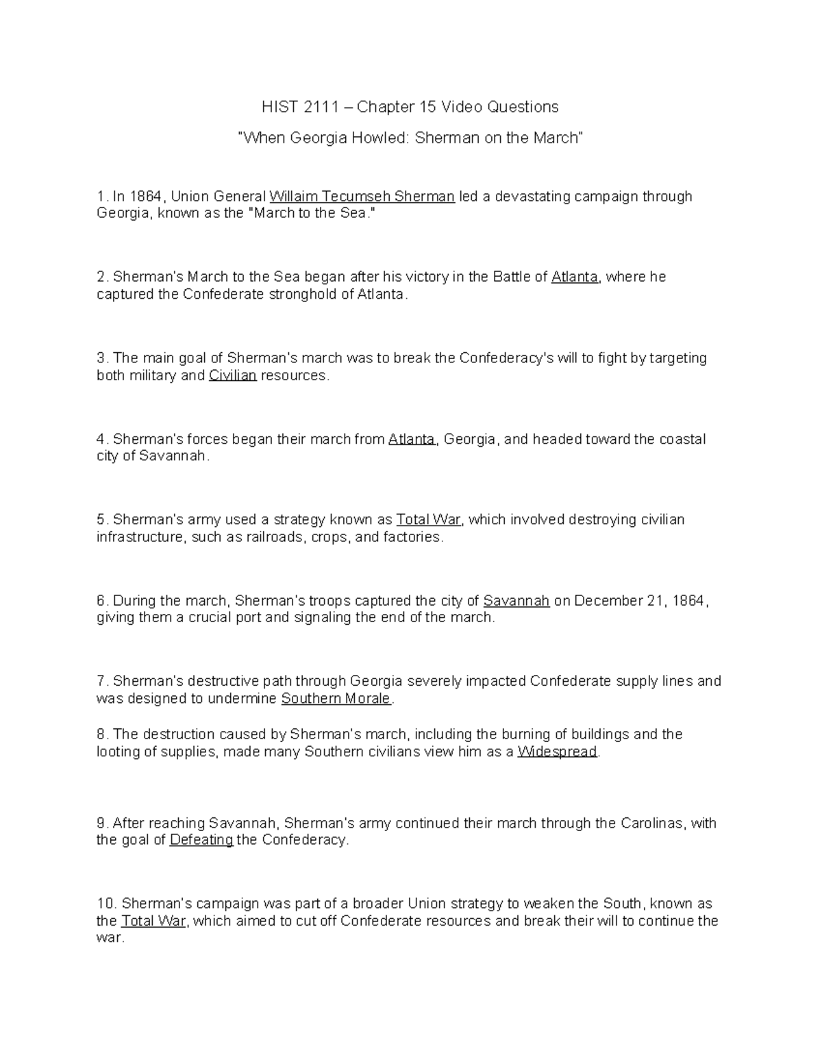 HIST 2111 Chapter 15 Video Questions: Sherman's March Analysis - Studocu