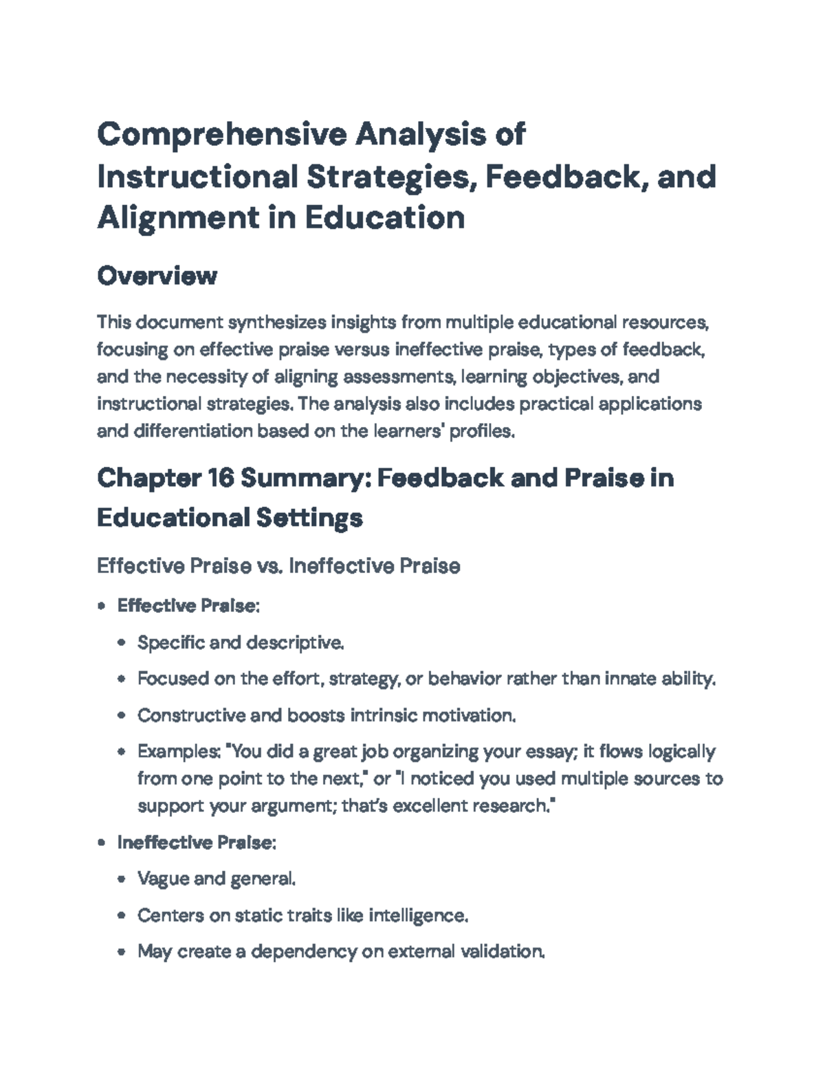 Comprehensive Analysis of Feedback, Praise, and Alignment in Education ...