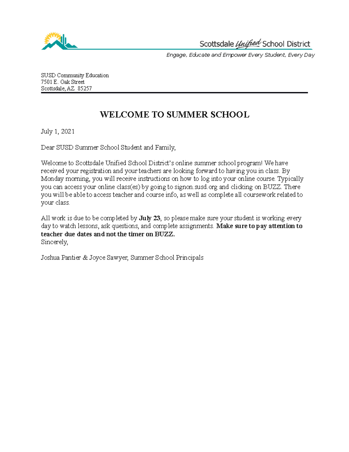 SUSD Summer School 2021: Online Welcome Letter for Students - Studocu