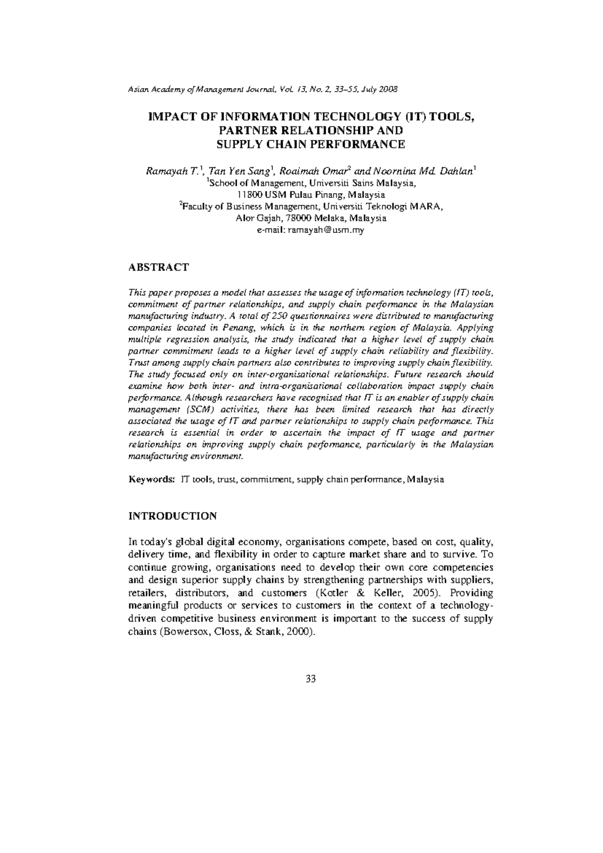 AAMJ 13: Impact of IT Tools and Partner Relationships on Supply Chain ...