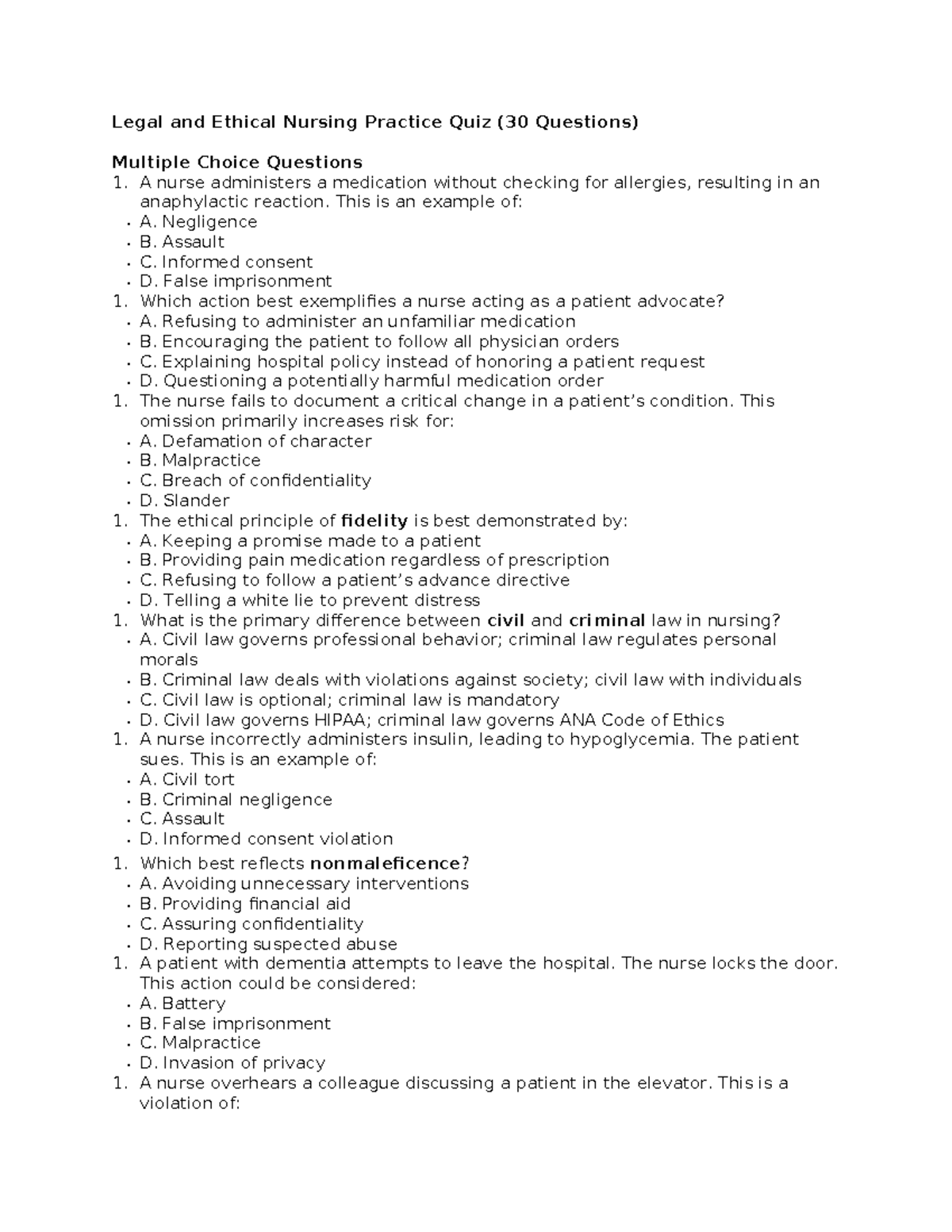 Legal & Ethical Nursing Practice Quiz (30 Q's) – Study Guide - Studocu