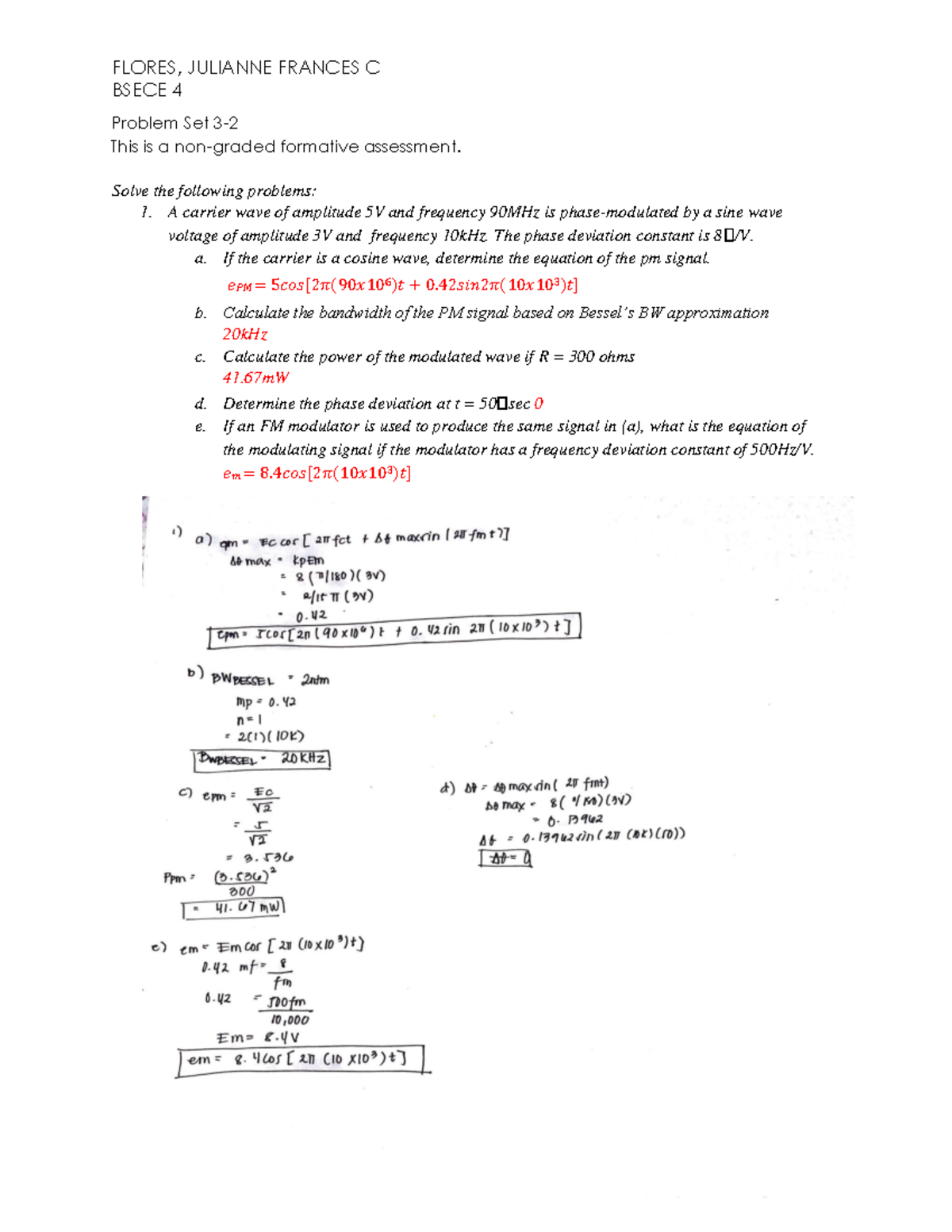 BSECE 4 Problem Set 3-2: Phase and Frequency Modulation Exercises - Studocu