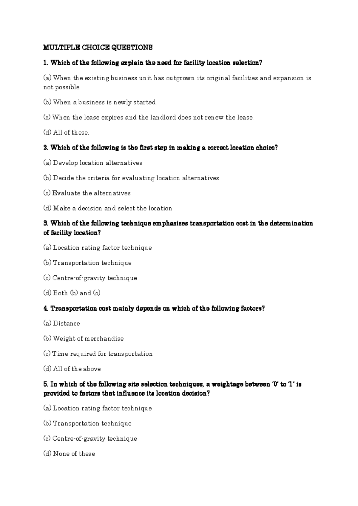 Sample MCQ Facility Location and Layout - MULTIPLE CHOICE QUESTIONS ...