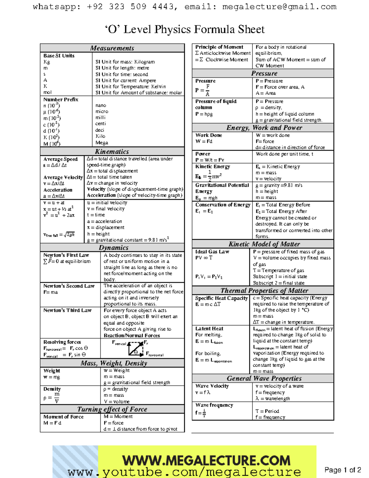 O Level Physics Formula Sheet: Key Concepts and Equations - Studocu