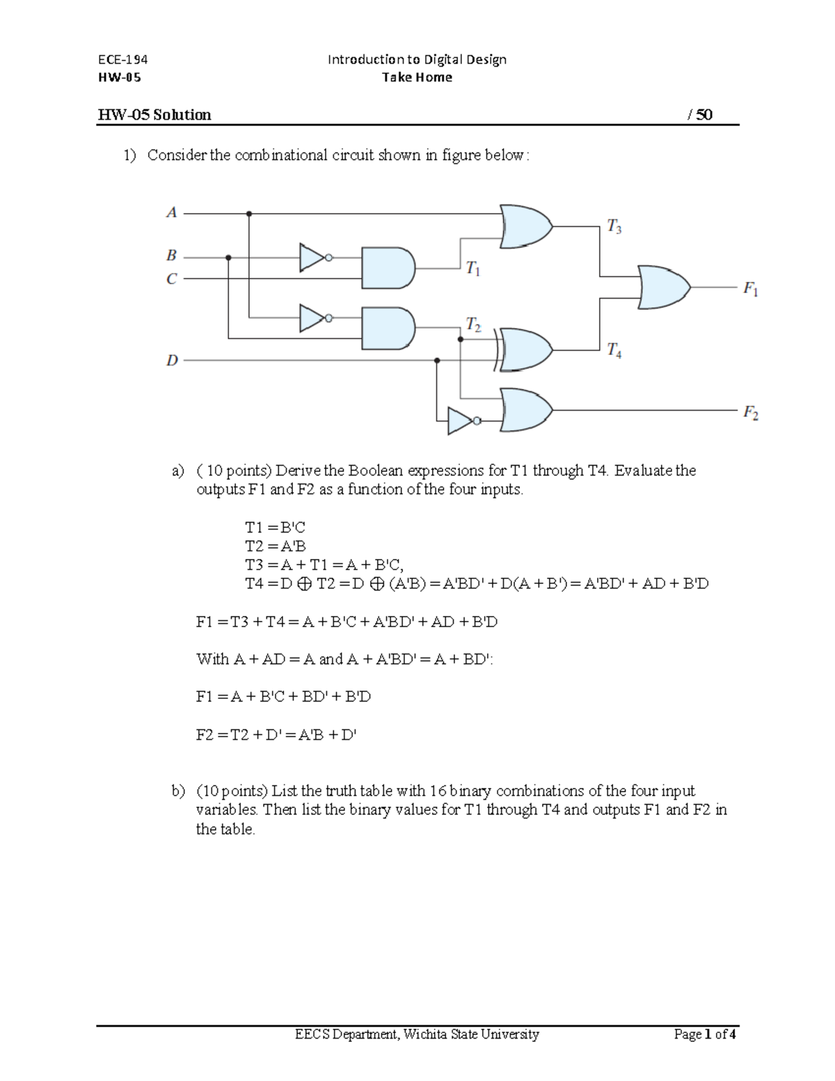 HW-05 Combinational Circuit Solutions and Analysis - Studocu