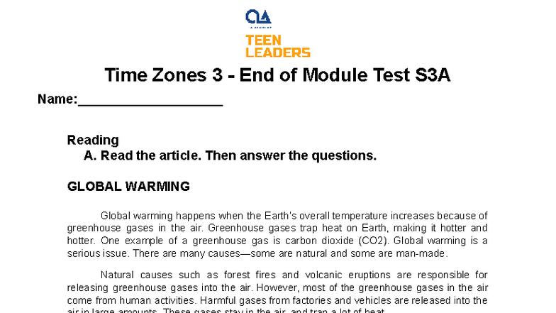 Time Zones 3 S3A End of Module Test: Global Warming & Sea Bunny - Studocu