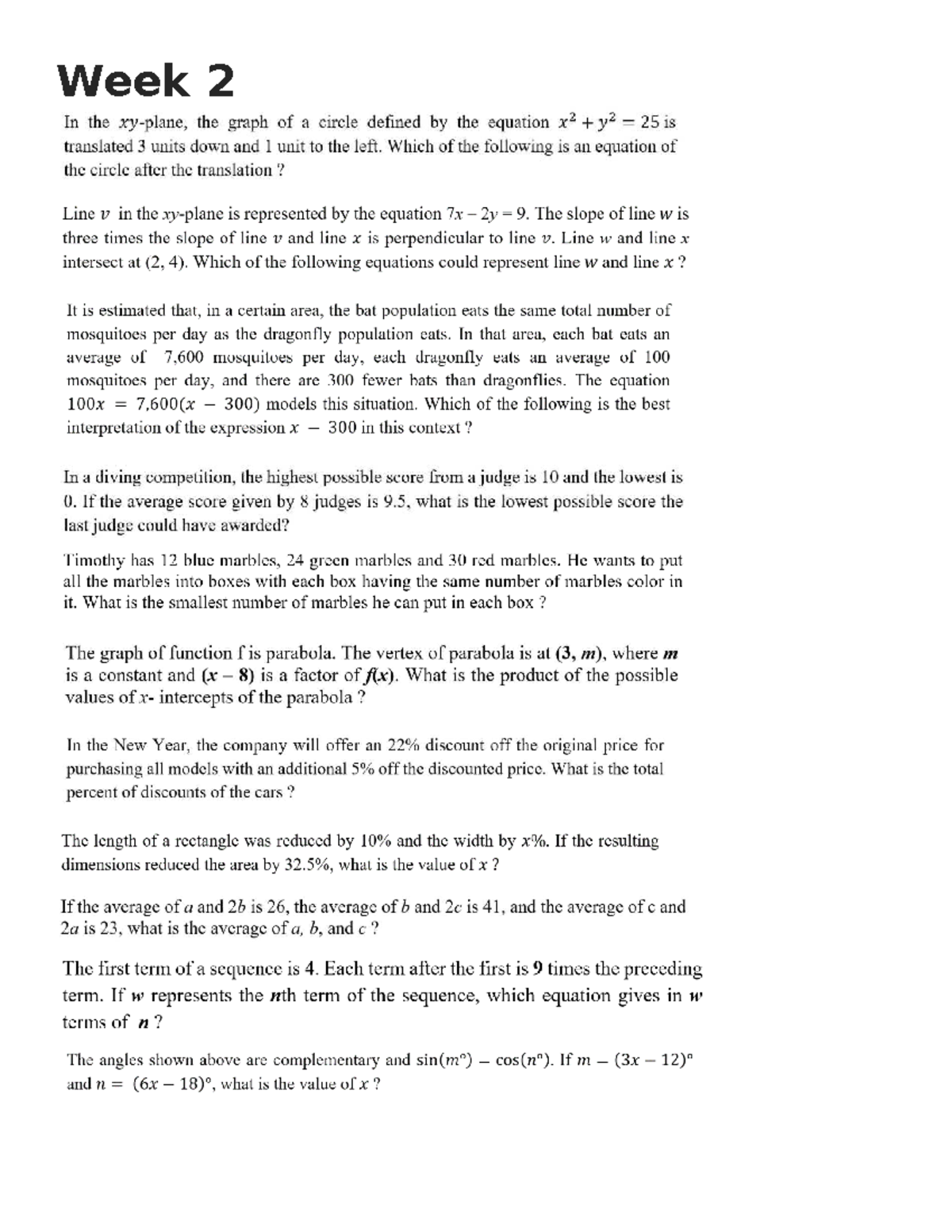 Week 2 SAT Math: Circle Equations, Line Intersections, and More - Studocu