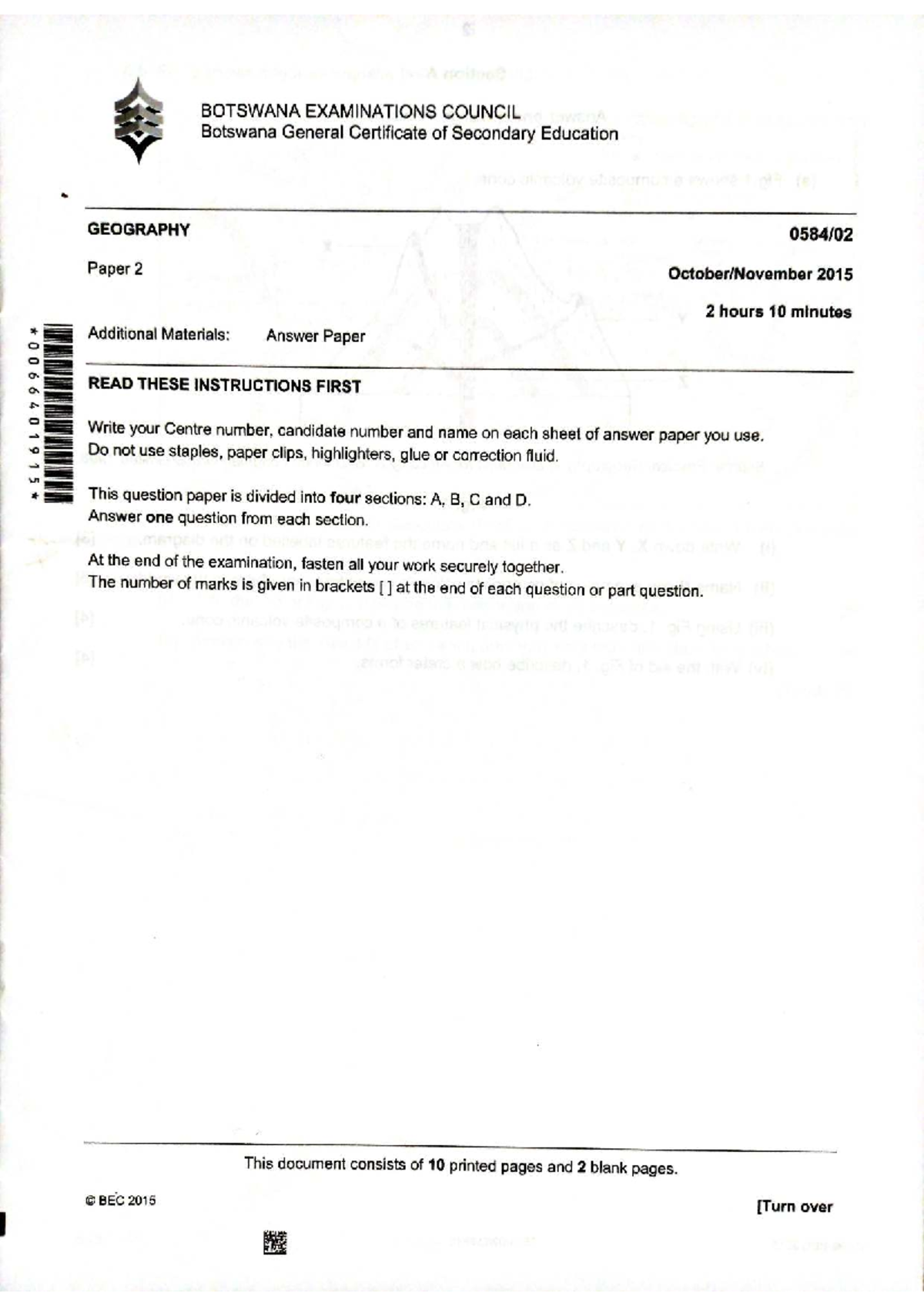 Geography Paper 2 2015 BGCSE Exam - Botswana Examinations Council - Studocu