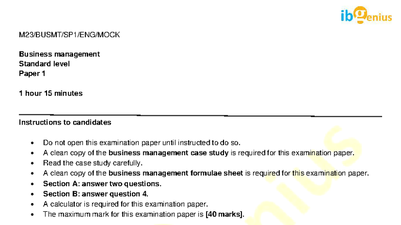 Business Management SL Paper 1 Mock Exam - May 2023 - Studocu