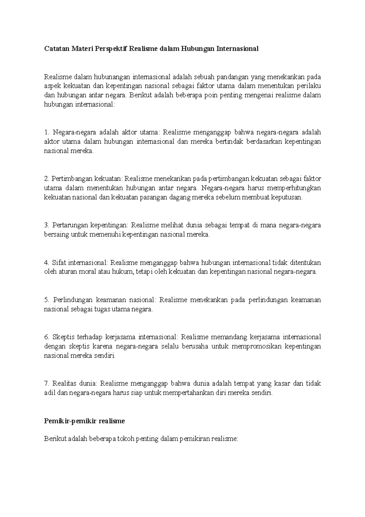 Catatan Materi Perspektif Realisme dalam Hubungan Internasional ...