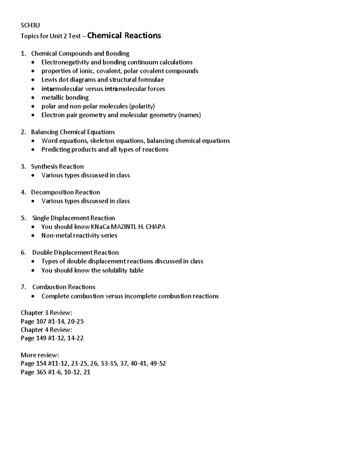 SCH3U - Unit 2 Test Review: Chemical Reactions & Equations - Studocu