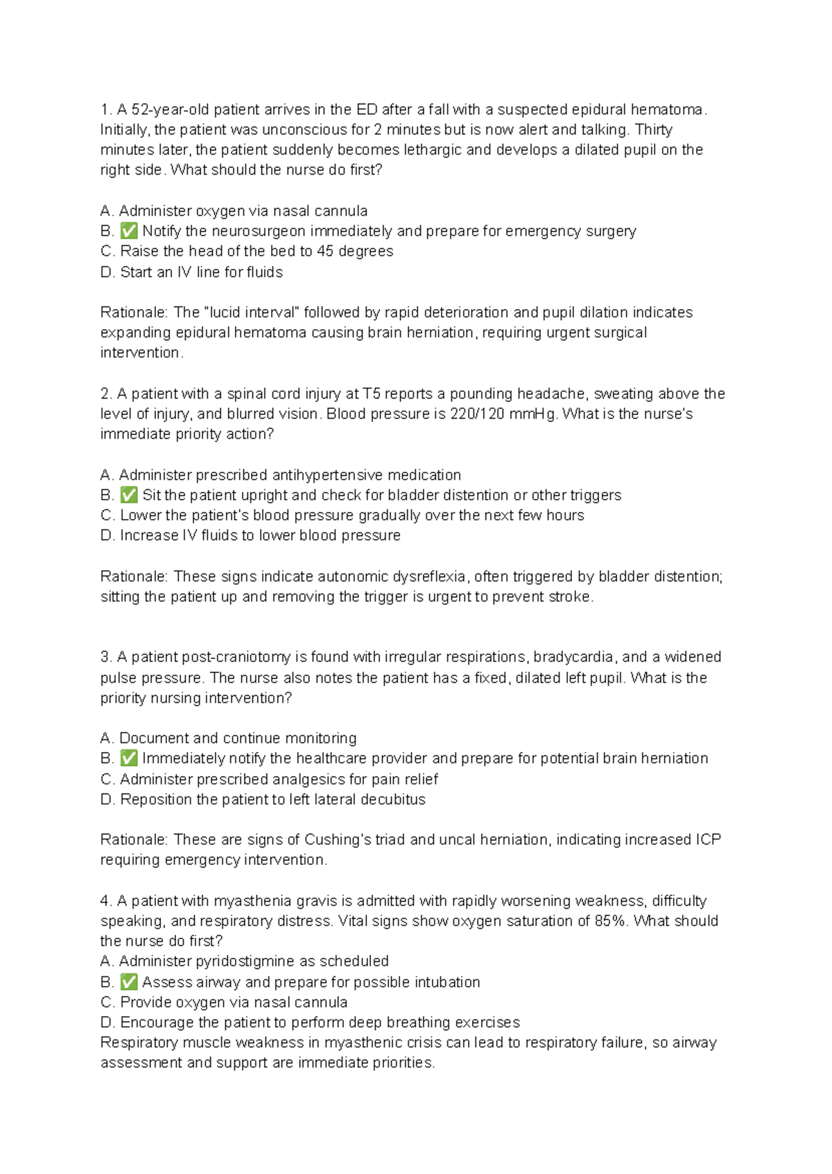 Nursing Priorities in Emergency Situations: MCQ Review - Studocu