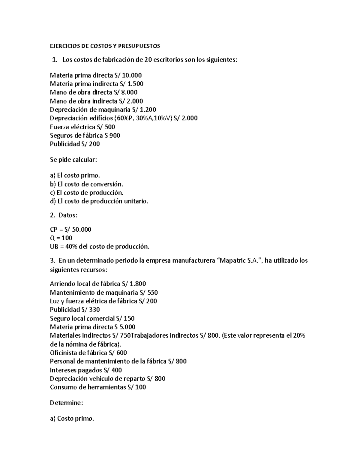 Ejercicios de Costos y Presupuestos - Cálculos y Análisis detallado - Studocu