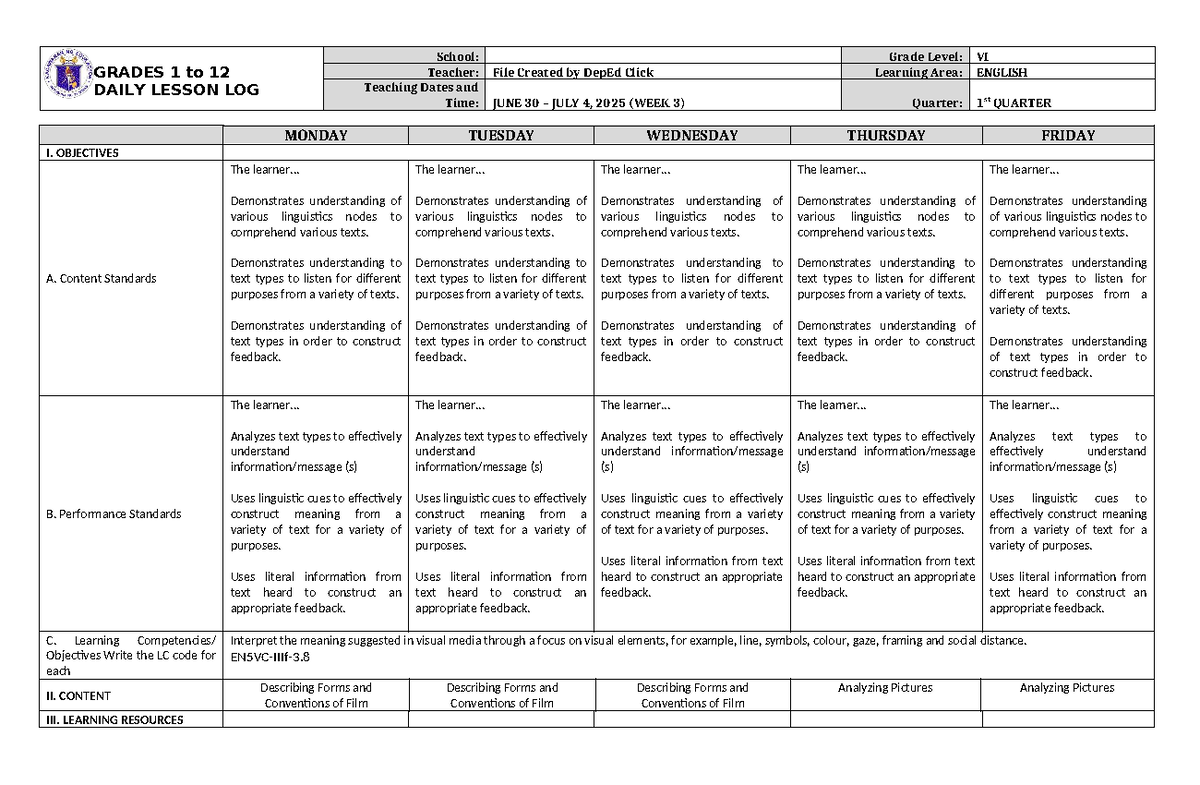 DLL English 6 Q1 W3 - Daily Lesson Log for Grades 1-12 - Studocu