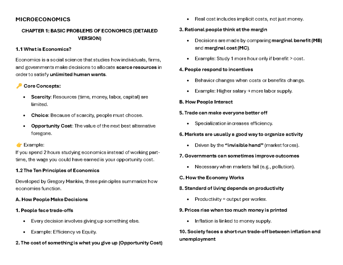 MICROECONOMICS CHAPTER 1: BASIC PROBLEMS OF ECONOMICS - DETAILED NOTES ...