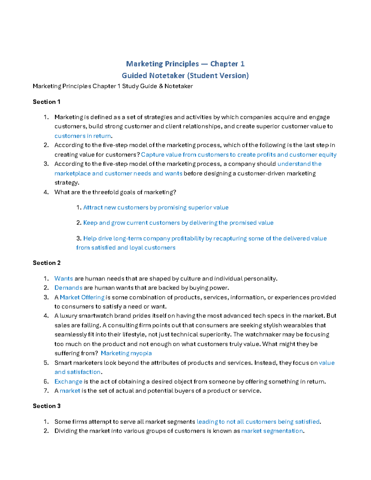 Marketing Principles MKT101 Chapter 1 Guided Notetaker & Study Guide ...