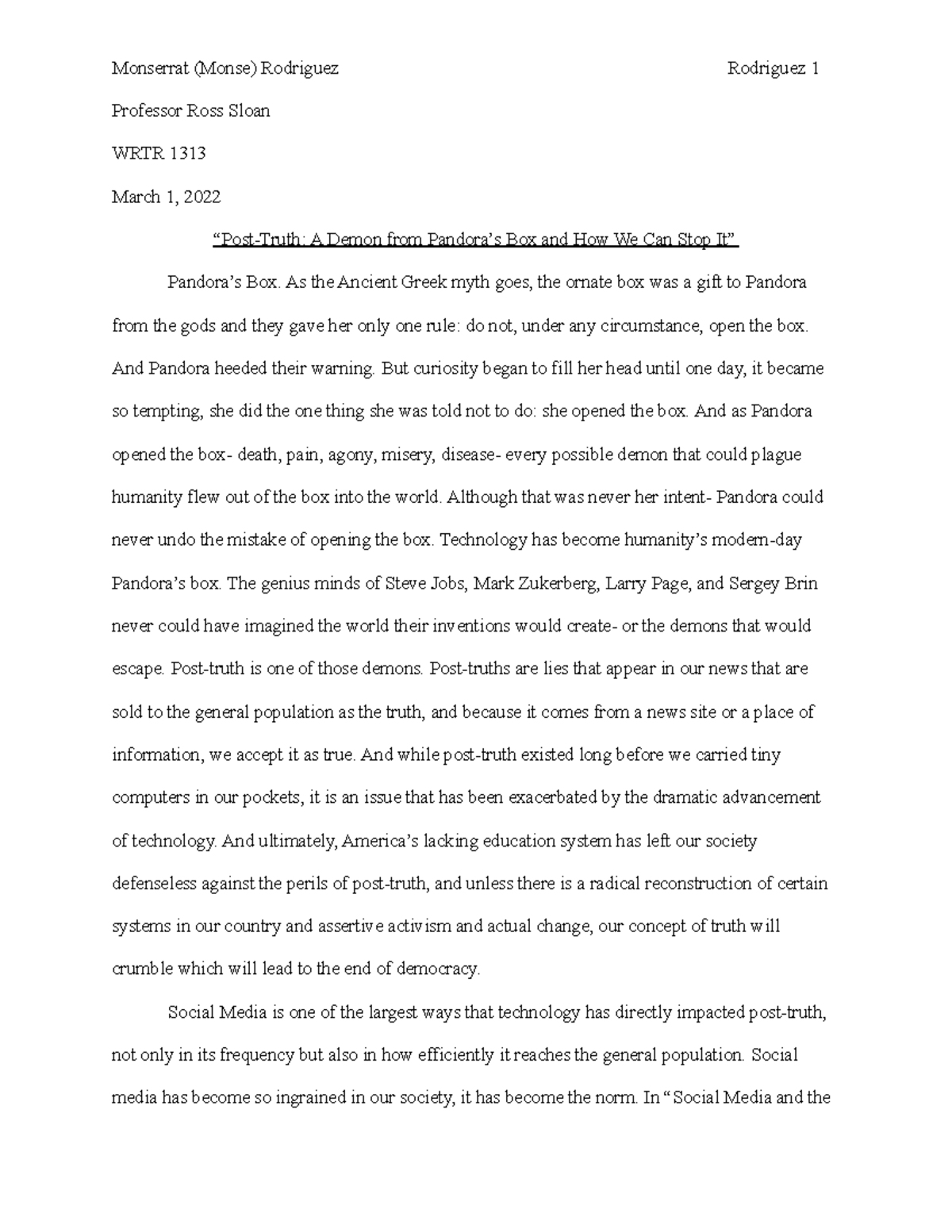 WRTR Paper 1 Final Draft - Monserrat (Monse) Rodriguez Rodriguez 1 ...