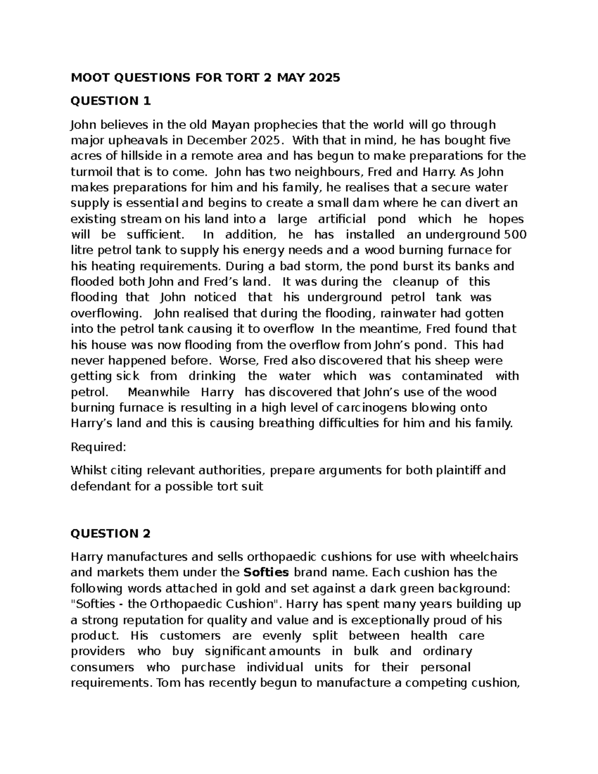 MOOT Questions for TORT 2: May 2025 Exam Scenarios - Studocu