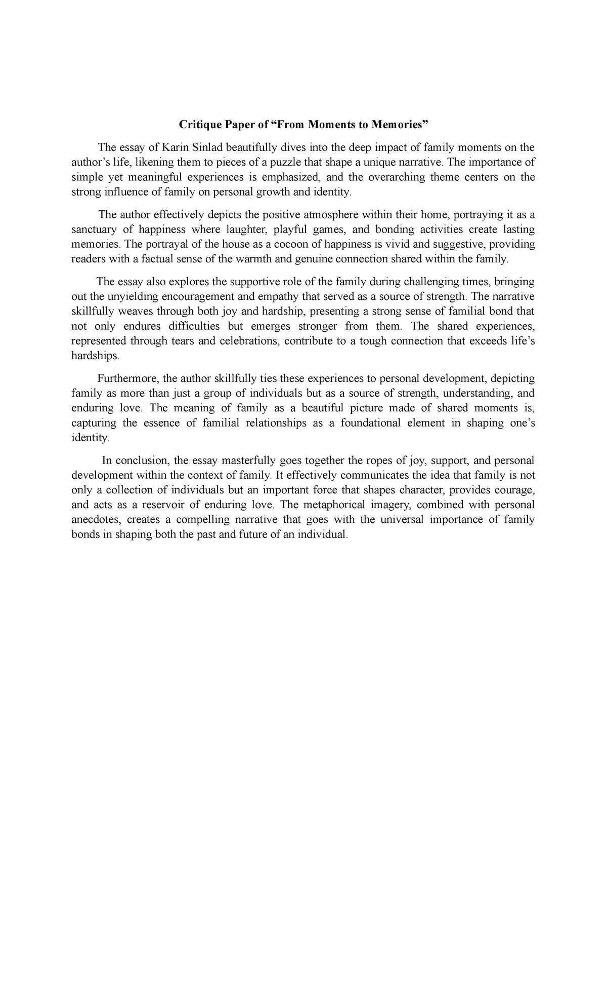 Critique Paper About A Story - Critique Paper of “From Moments to ...