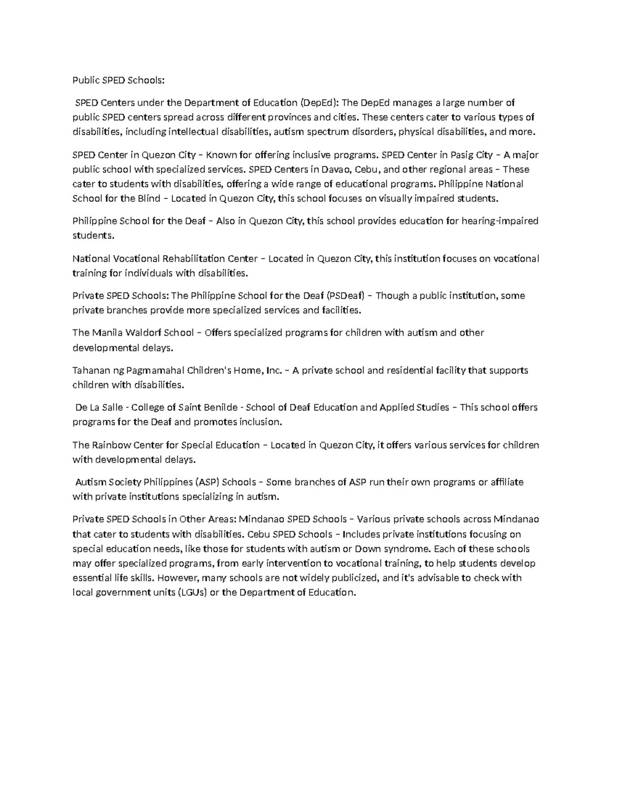 SPED Course Notes: Overview of Public and Private SPED Schools - Studocu