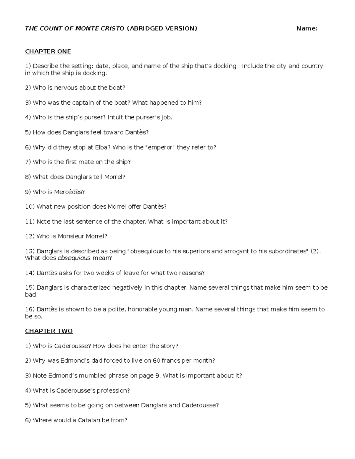 COMC Whole Novel Study Guide questions - THE COUNT OF MONTE CRISTO ...