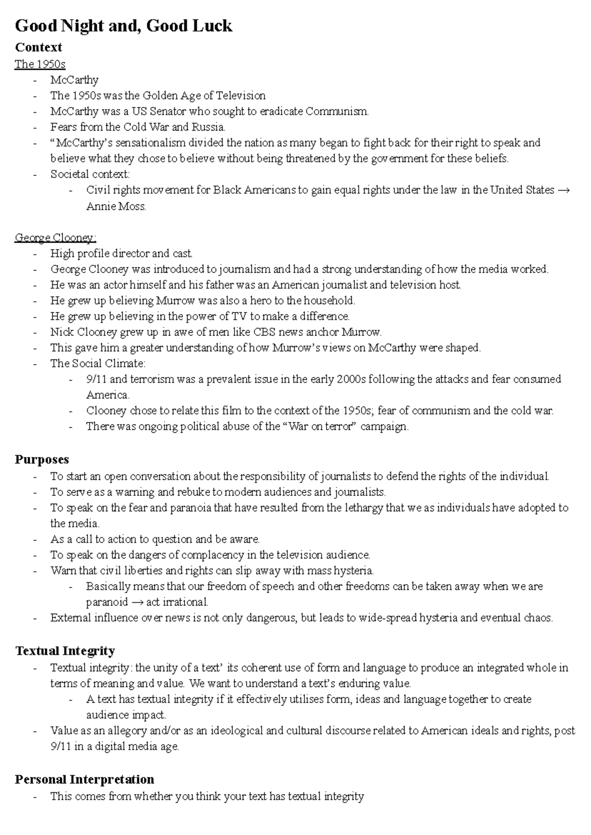 Module B - Critical Analysis of "Good Night and Good Luck" - Studocu