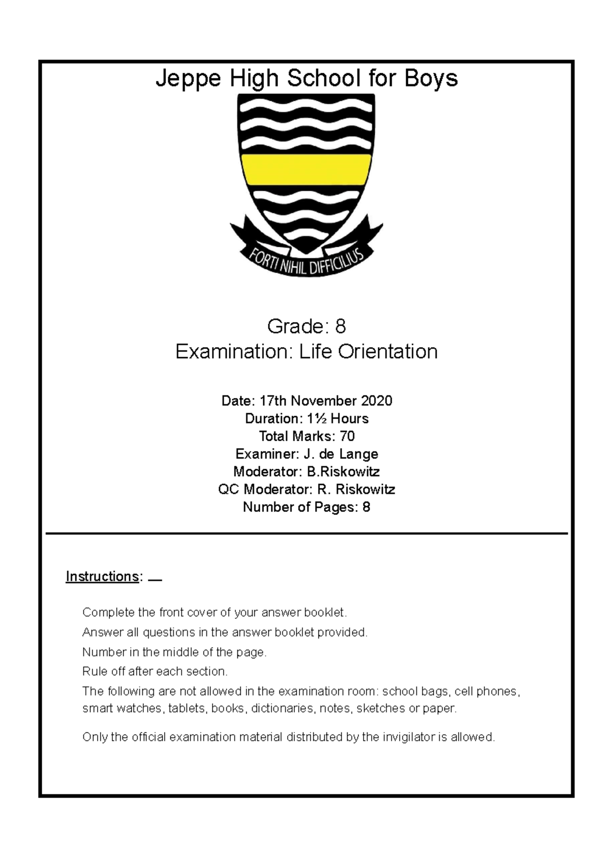 Grade 8 Life Orientation Final Exam - November 2020 - Studocu