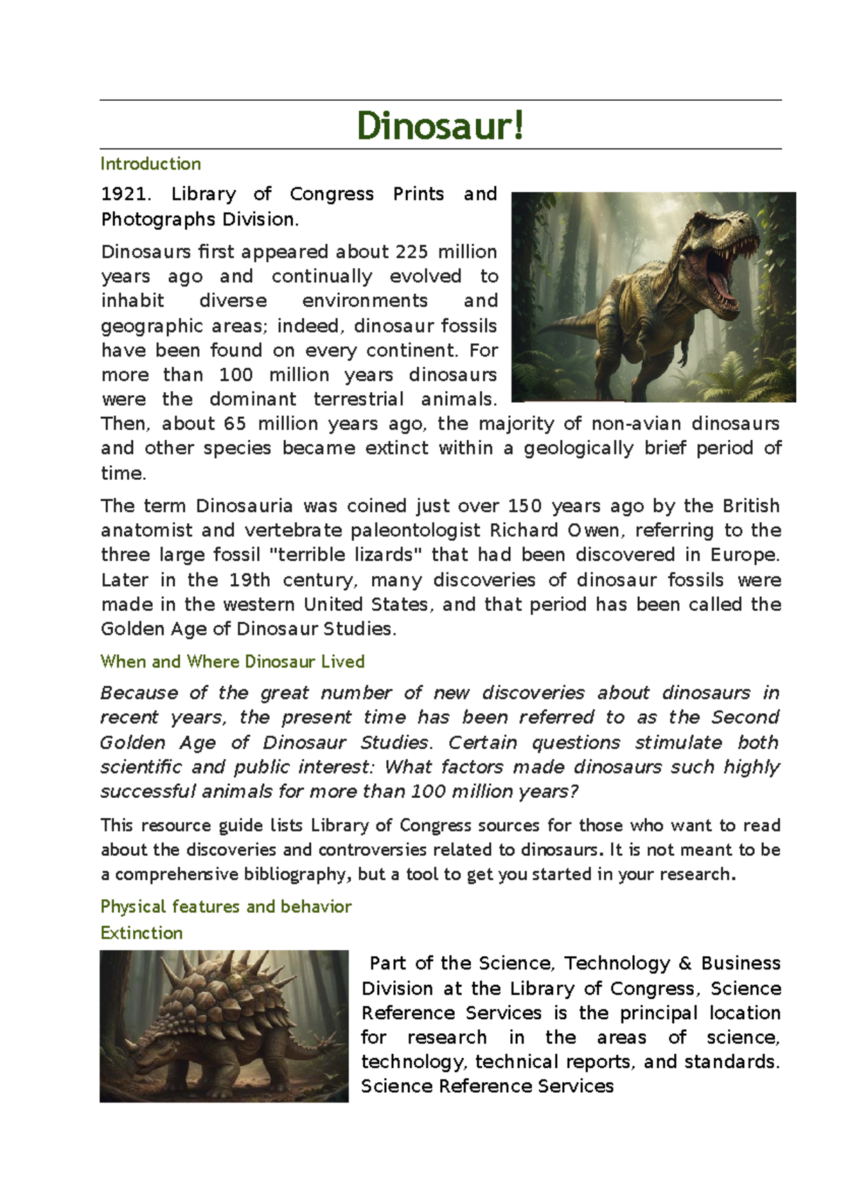 Introduction to Dinosaurs: A Resource Guide (Project 1) - Studocu