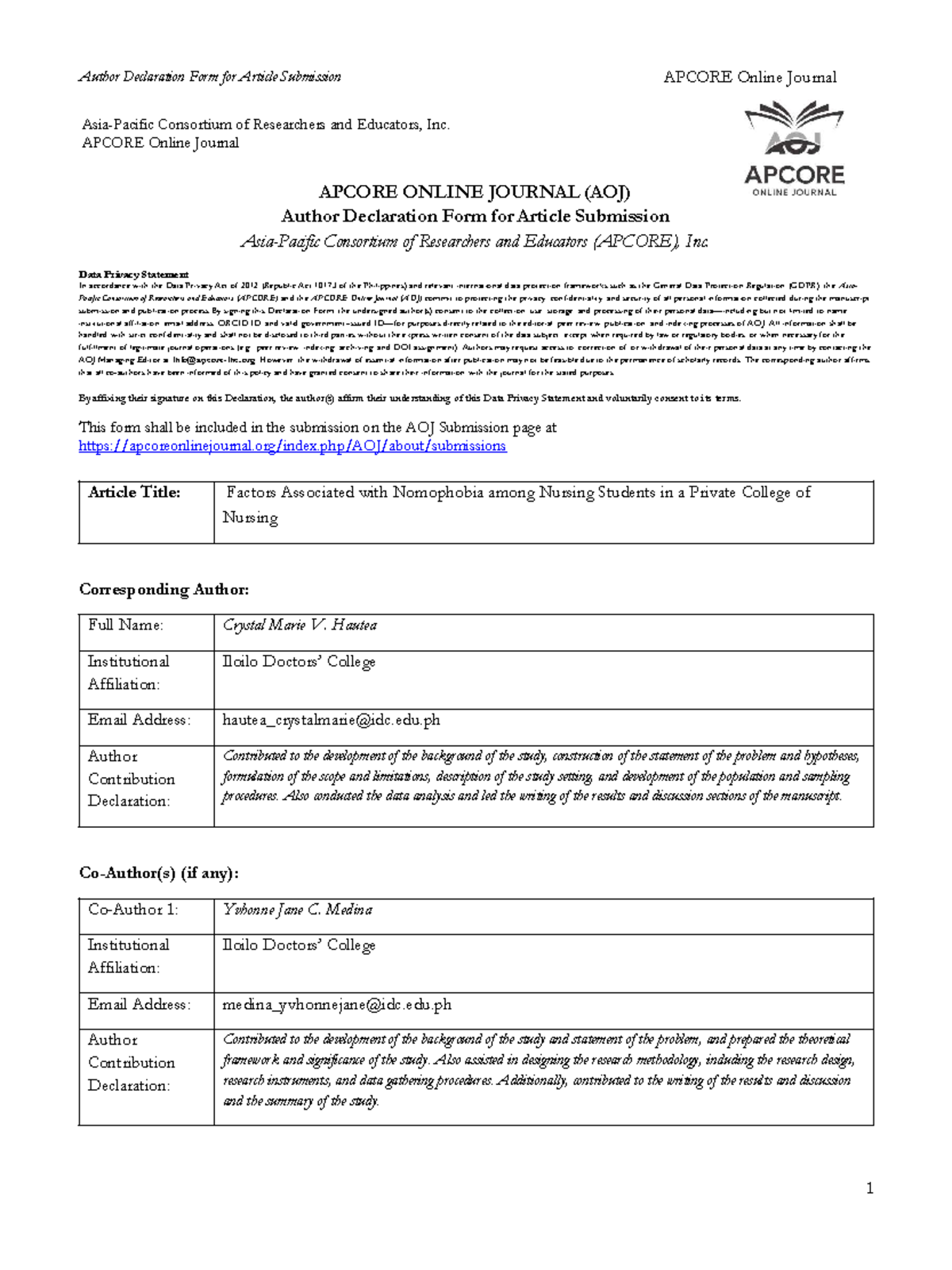 AOJ Author Declaration Form for Article Submission 2025 - Studocu