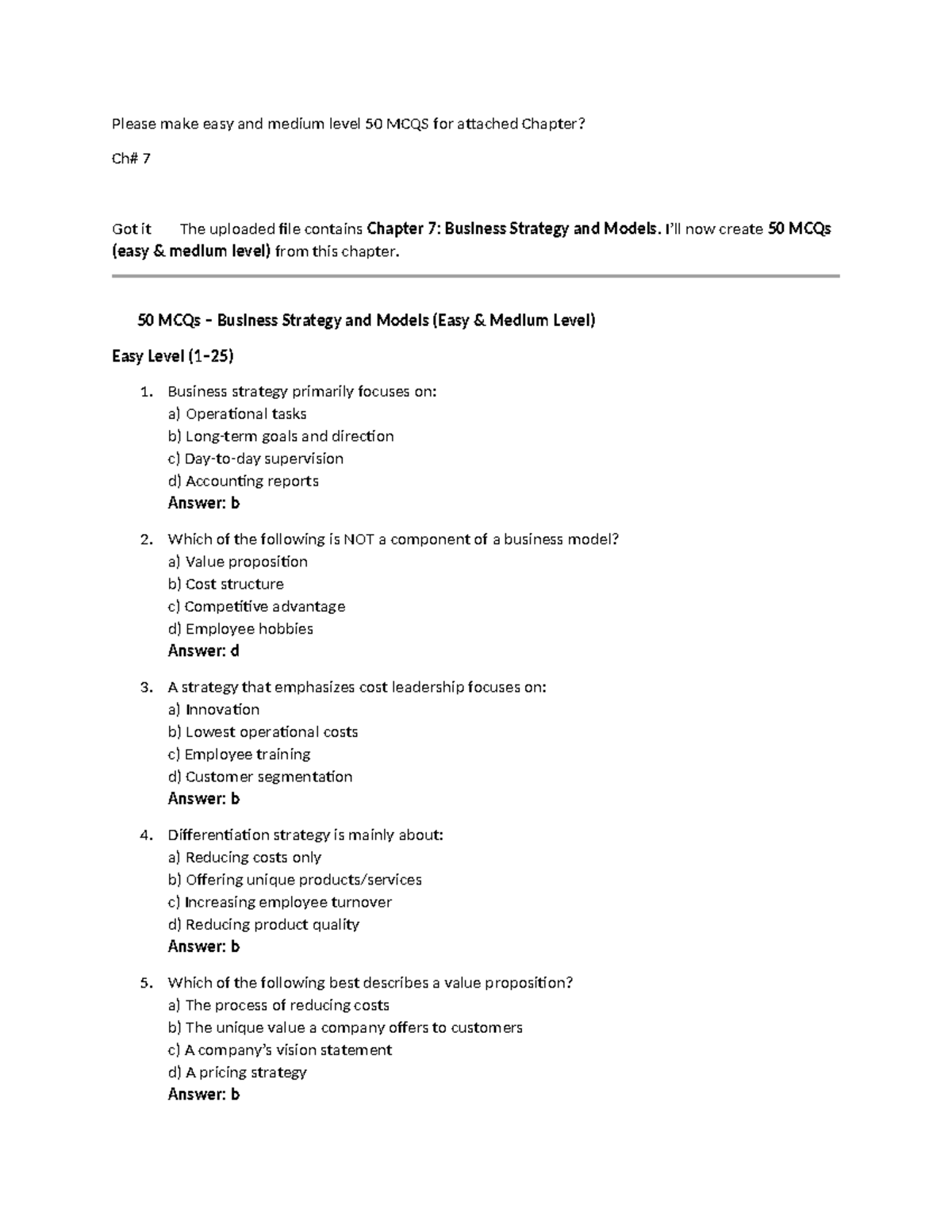 Chapter 7: Business Strategy and Models - 50 MCQs (Easy/Medium Level ...