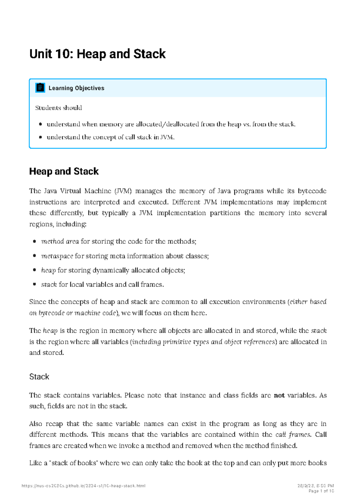 Unit 10: Heap and Stack Overview - CS2030S Programming Methodology II - Studocu