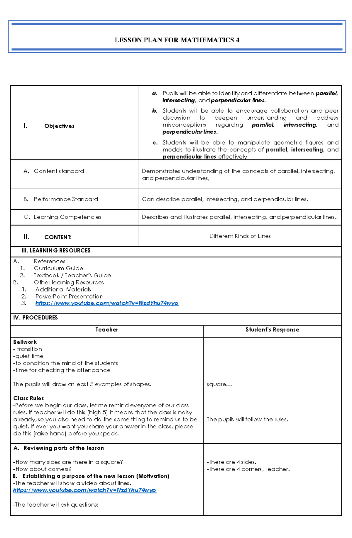 LP Types of Lines - Hello. - I. Objectives a. Pupils will be able to ...