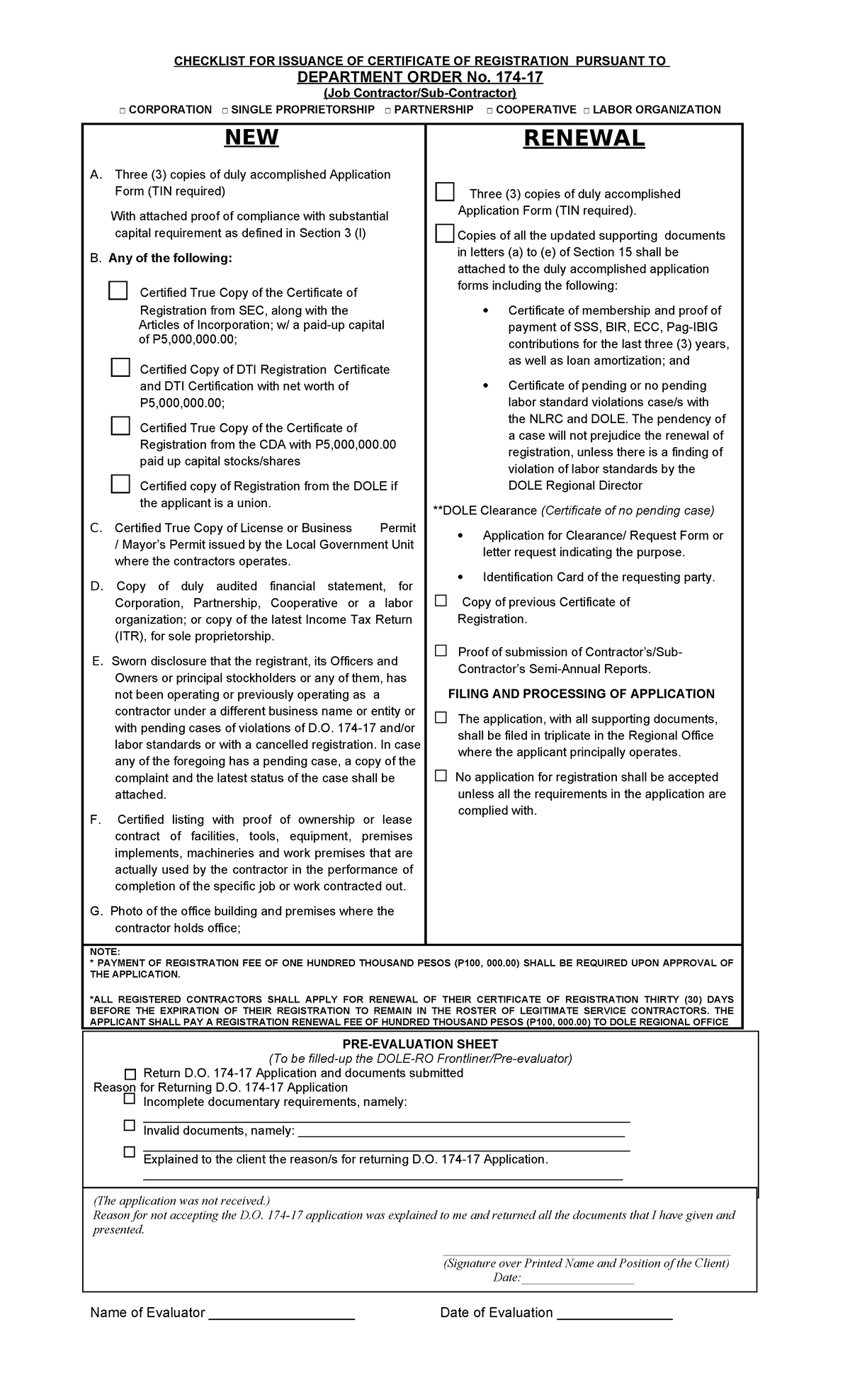 D O 174-17 Certification Registration Application Checklist - Studocu