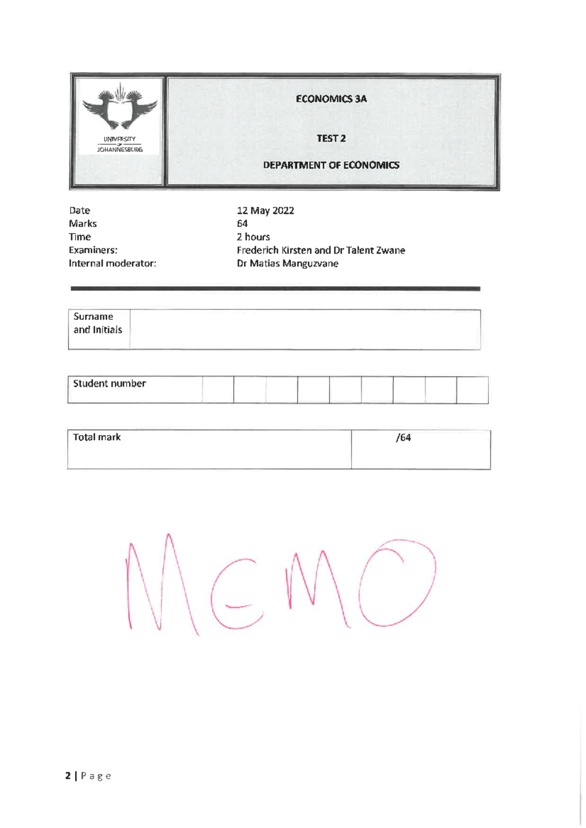 ECONOMICS 3A TEST 2 MEMO - UNIVERSITY OF JOHANNESBURG - Studocu