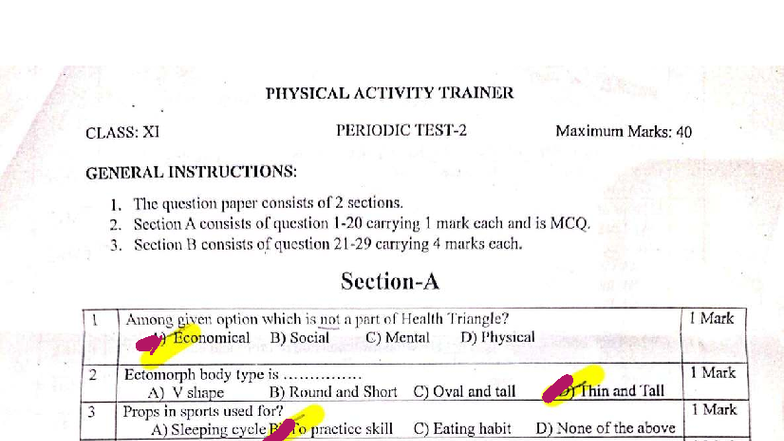 Sample Papers for PHYSICAL ACTIVITY TRAINER (845) Class XI - Studocu