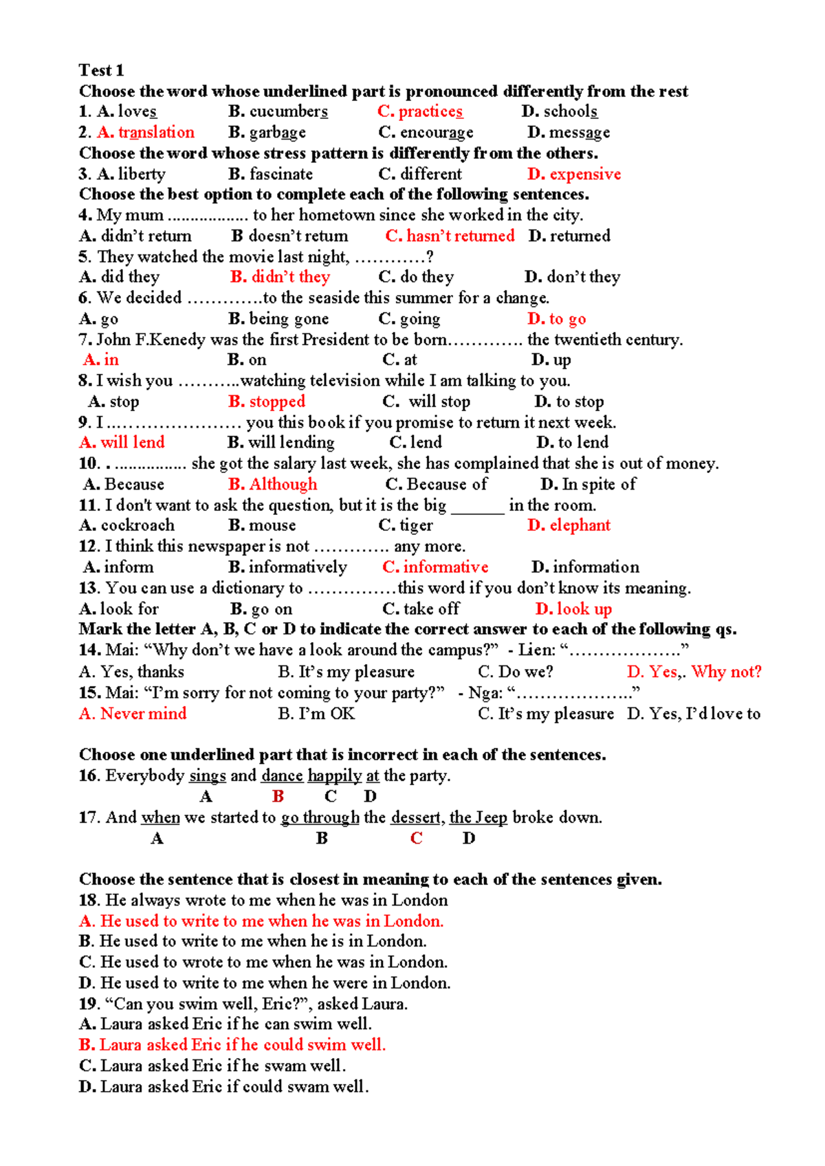 Test 1 - sample questions on pronunciation and grammar - Studocu