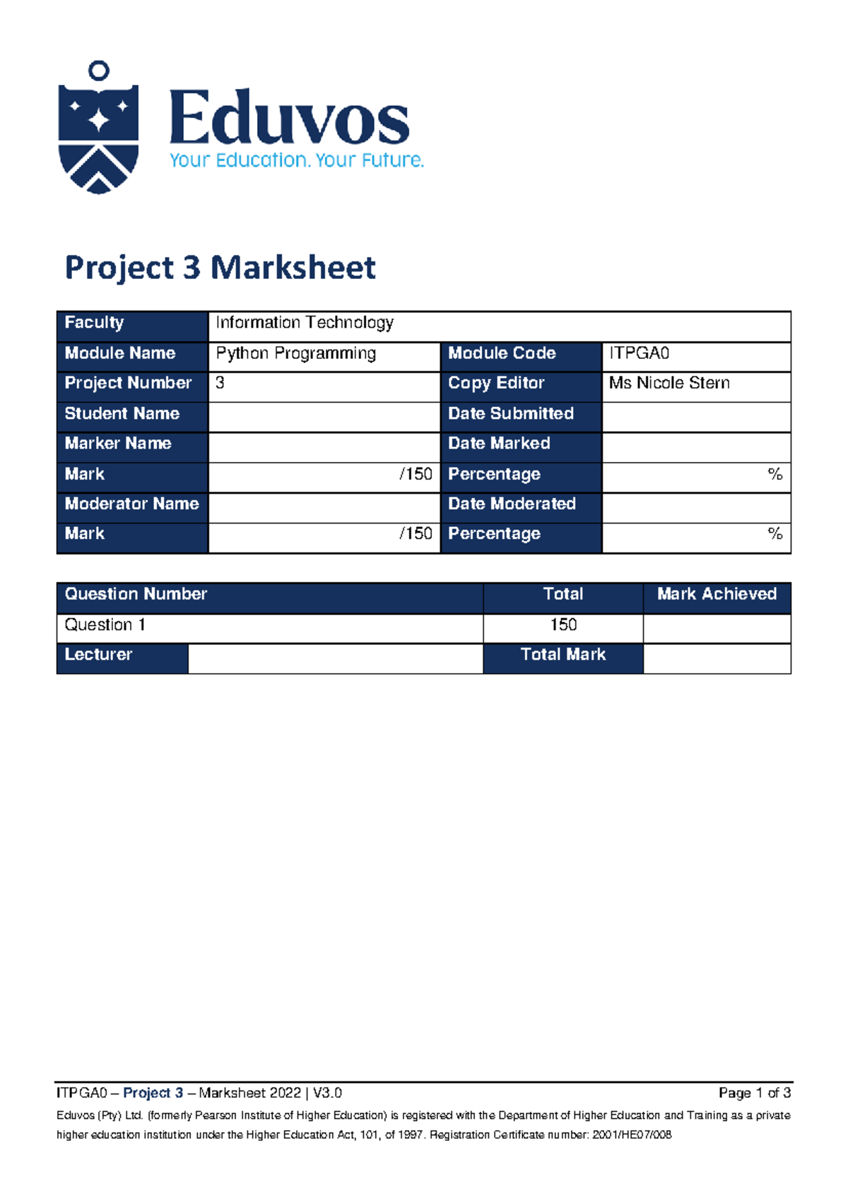 ITPGA0 – Project 3 Marksheet 2022 | V3.0 for Python Programming - Studocu