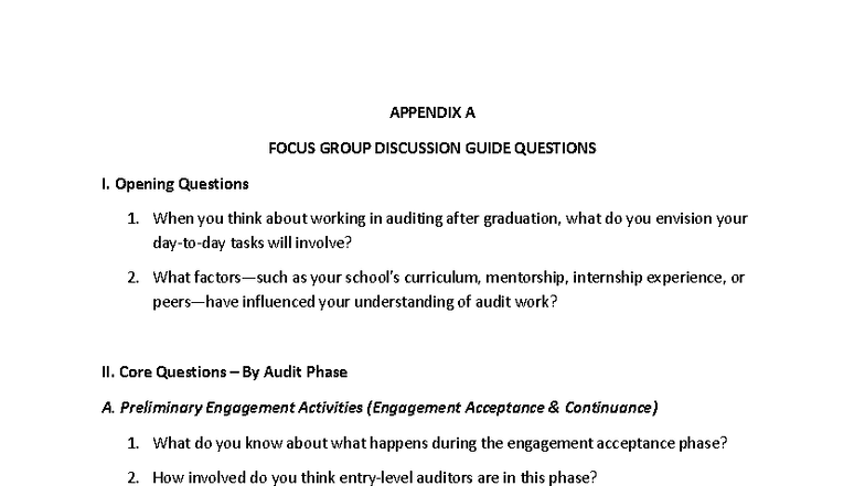 Audit Focus Group Discussion Guide: Sample Questions for Research - Studocu