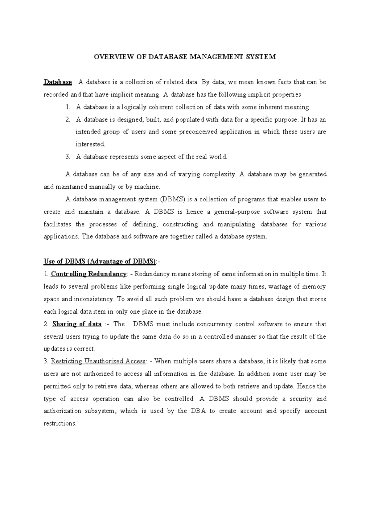 Unit I - Rdbms - OVERVIEW OF DATABASE MANAGEMENT SYSTEM Database : A database is a collection of ...