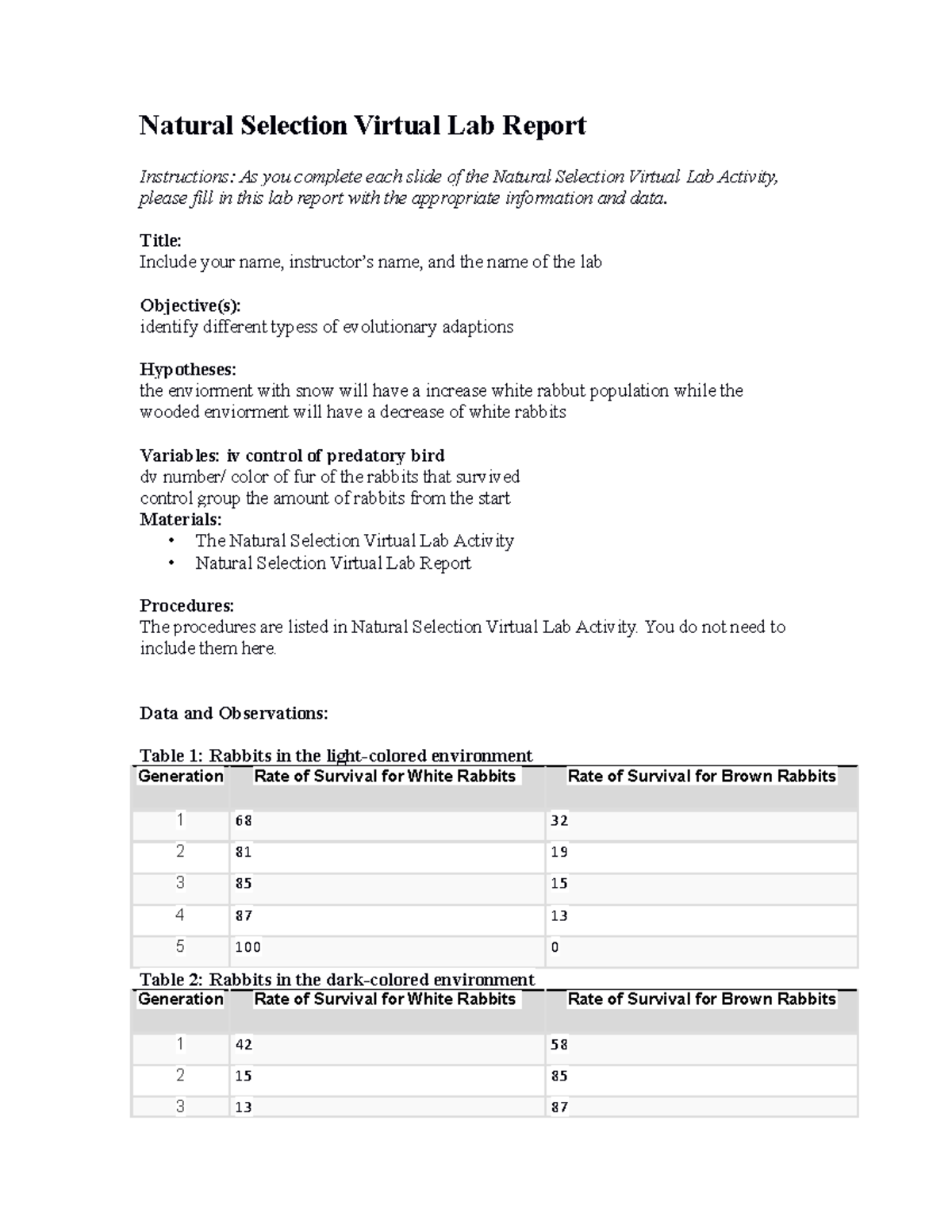 05 02 Natural Selection Virtual Lab Report: Rabbit Survival Analysis ...